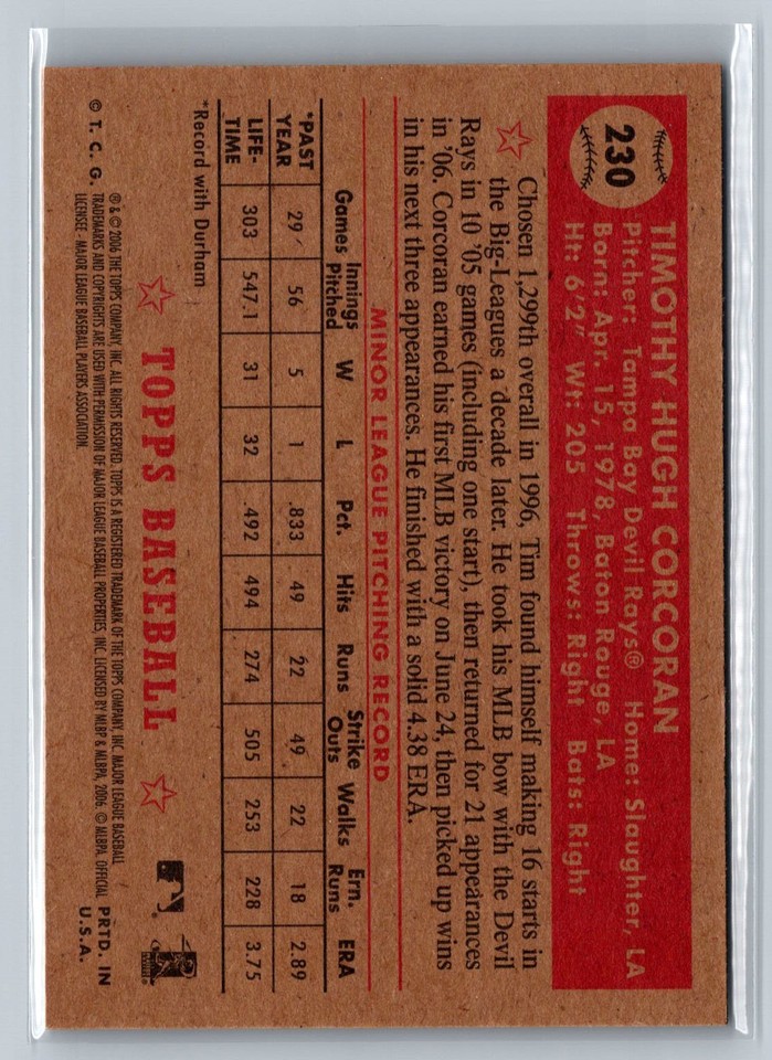 Tim Corcoran 2006 Topps '52 Rookies BASEBALL #230 Tampa Bay Devil Rays ...