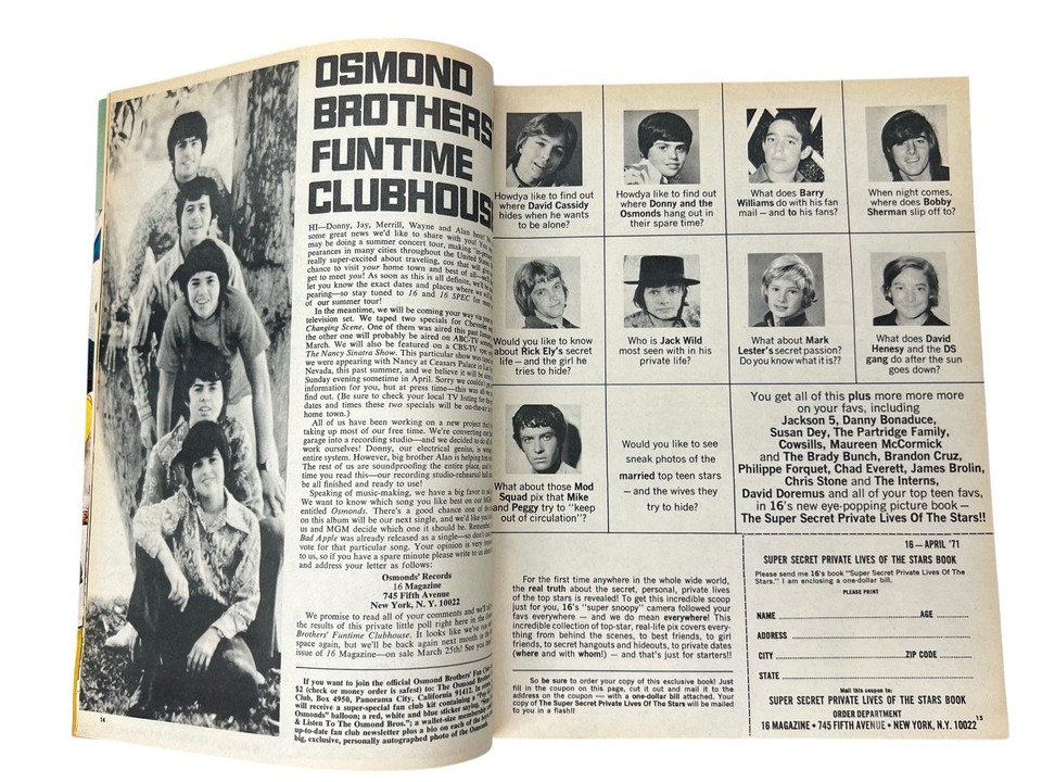 Vintage 16 Magazine APRIL 1971 Michael Jackson 5 BOBBY SHERMAN Osmonds ...