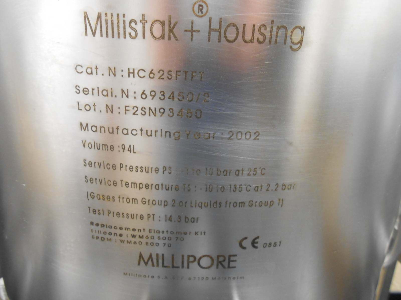 MILLIPORE MILLISTAK + HOUSING 94 LITER CAT: HC62SFTFT 18" OUTER ...