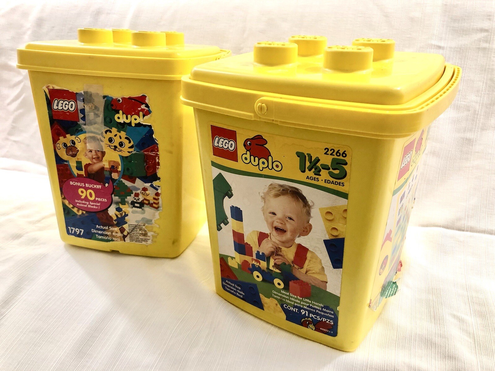 VTG DUPLO LEGOS lot of 330 + 2 yellow storage buckets #1797 & #2266 ...