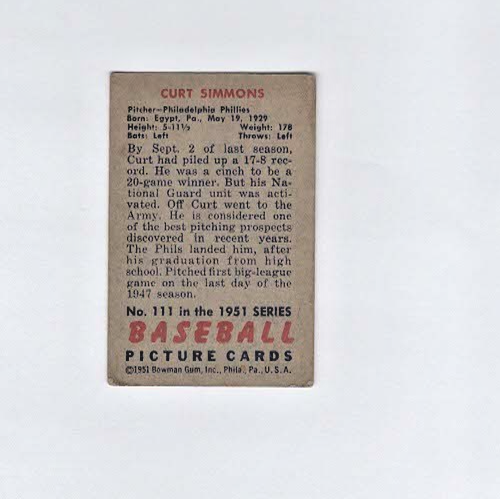1951 BOWMAN BASEBALL CARD #111 Curt Simmons Philadelphia Phillies ...
