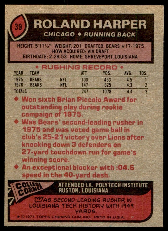 1977 Topps Roland Harper Chicago Bears #39 | eBay