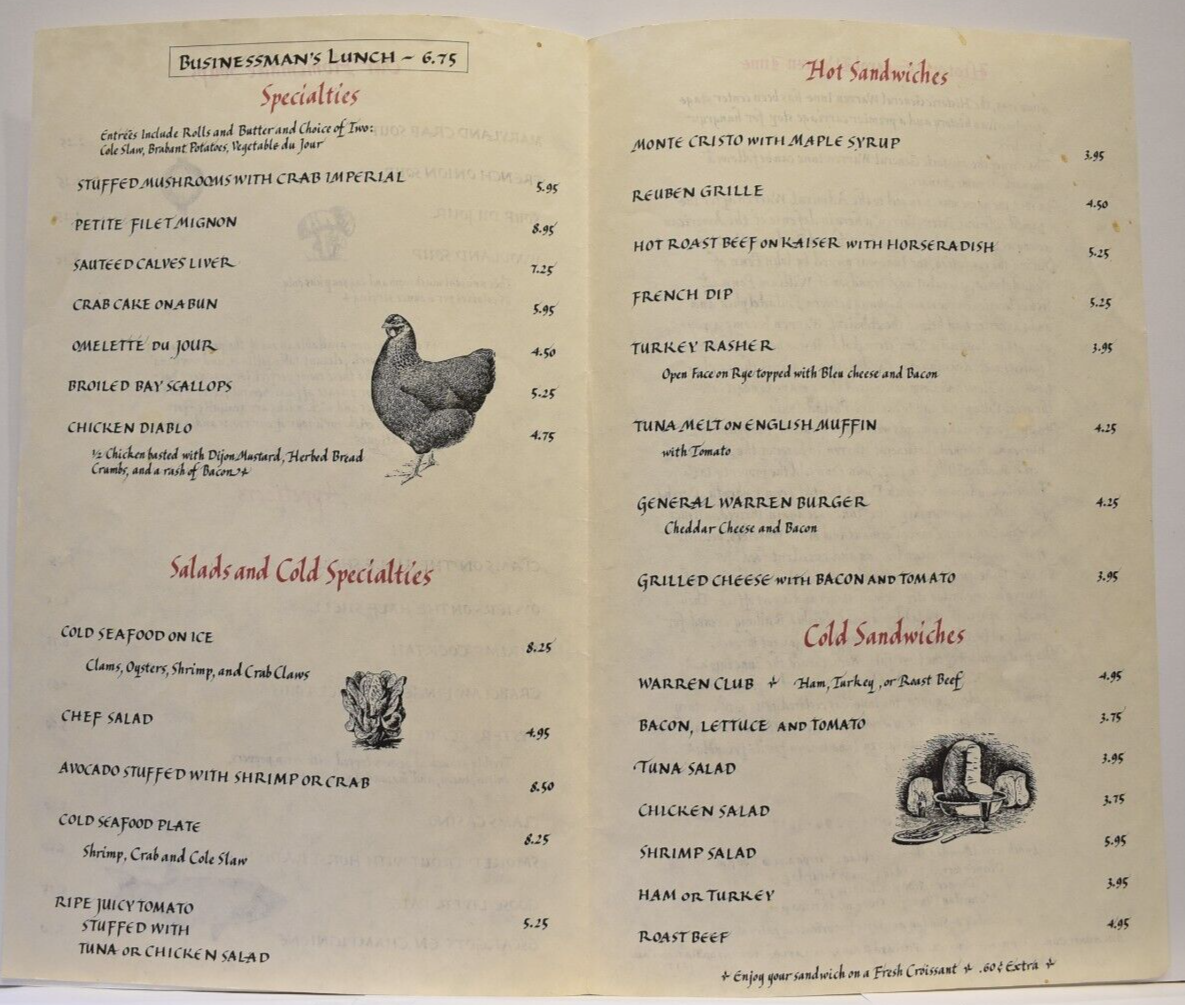 1986 Gistoric General Warren Inne Inn Restaurant Menu Malvern ...