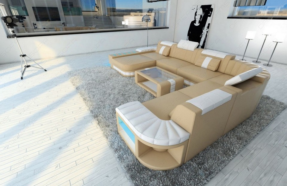 Sofa Ledercouch Modern Wohnlandschaft XXL Ecksofa Ledersofa Couchtisch ...