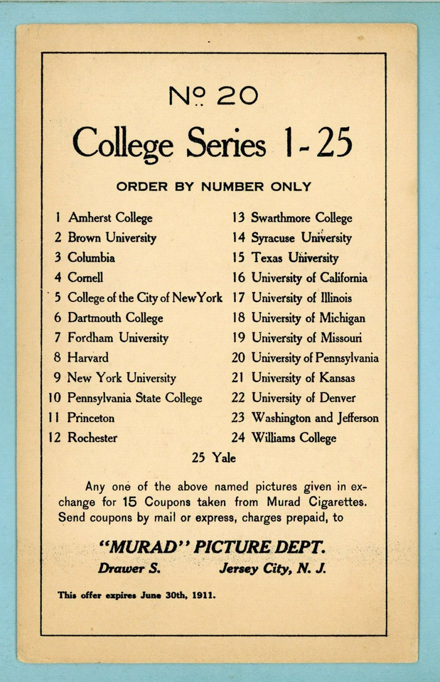 1909-1911 Murad T6 College Series #20 Univ of Pennsylvania Card sans ...