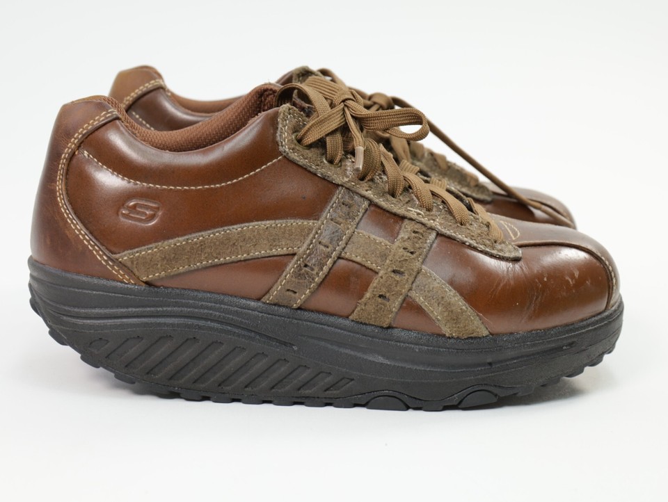 Skechers Shape Ups Size 8.5 Dark Brown Leather Walking Shoes Lace-Up ...