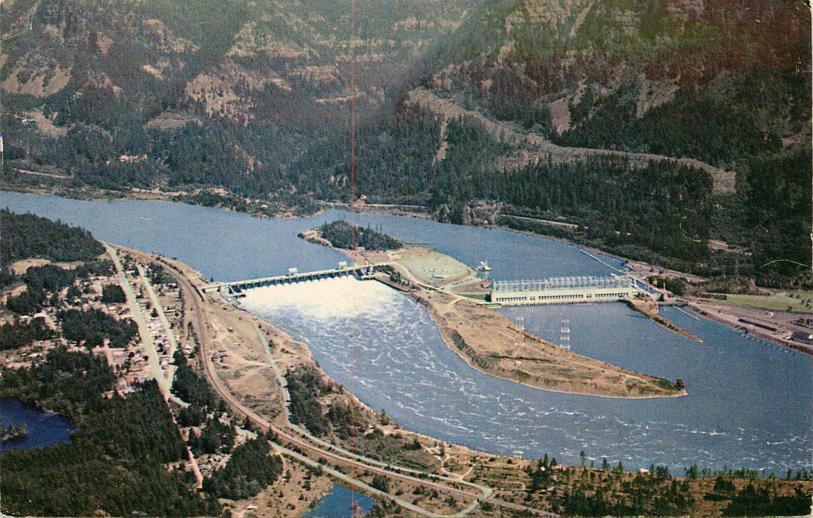 Postcard Washington State 1959 Bonneville Dam Oregon Aerial View Pray ...
