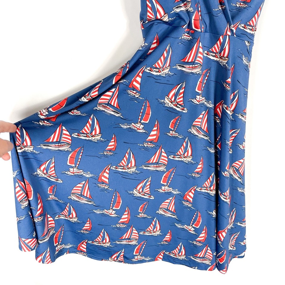 Karina Easy Dress Ruby Sail Away Blue Boat Print Faux Wrap V-Neck Sz 2X ...