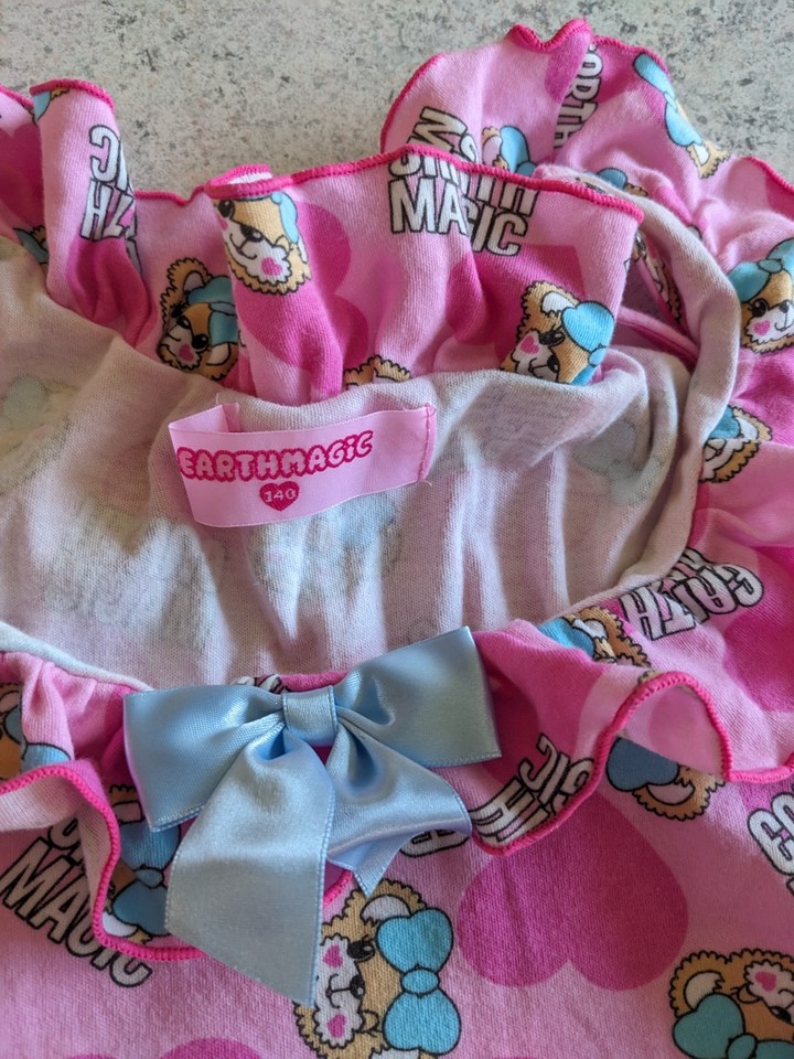 Girls Pink Earth Magic/Heart/ Teddy face print A-Line frill Dress 7 ...