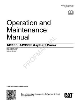 Caterpillar AP355 AP355F Asphalt Paver Operators Manual M0065782EN-US ...