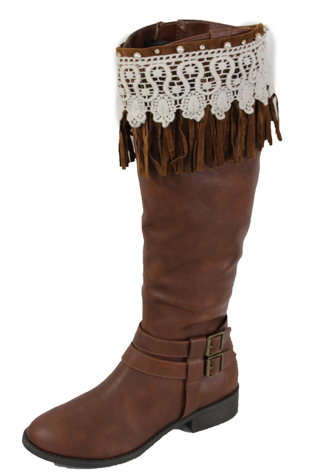 Western Women Boot Toppers Boho Long Brown Faux Leather Fringes Knee ...