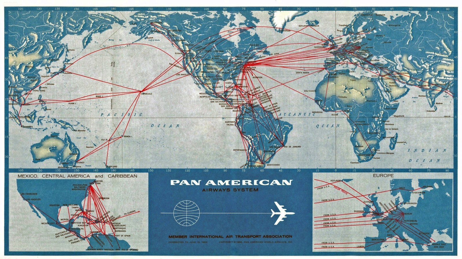Pan American World Airways Route Map c.1963 ((16"x20")) Print | eBay