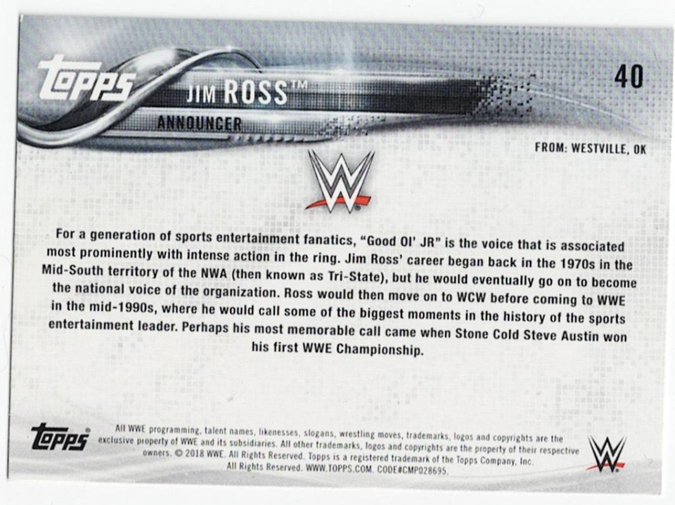 JIM ROSS 'JR' SIGNED AUTO 2018 TOPPS CARD #40 WWE/WCW/NWA | eBay