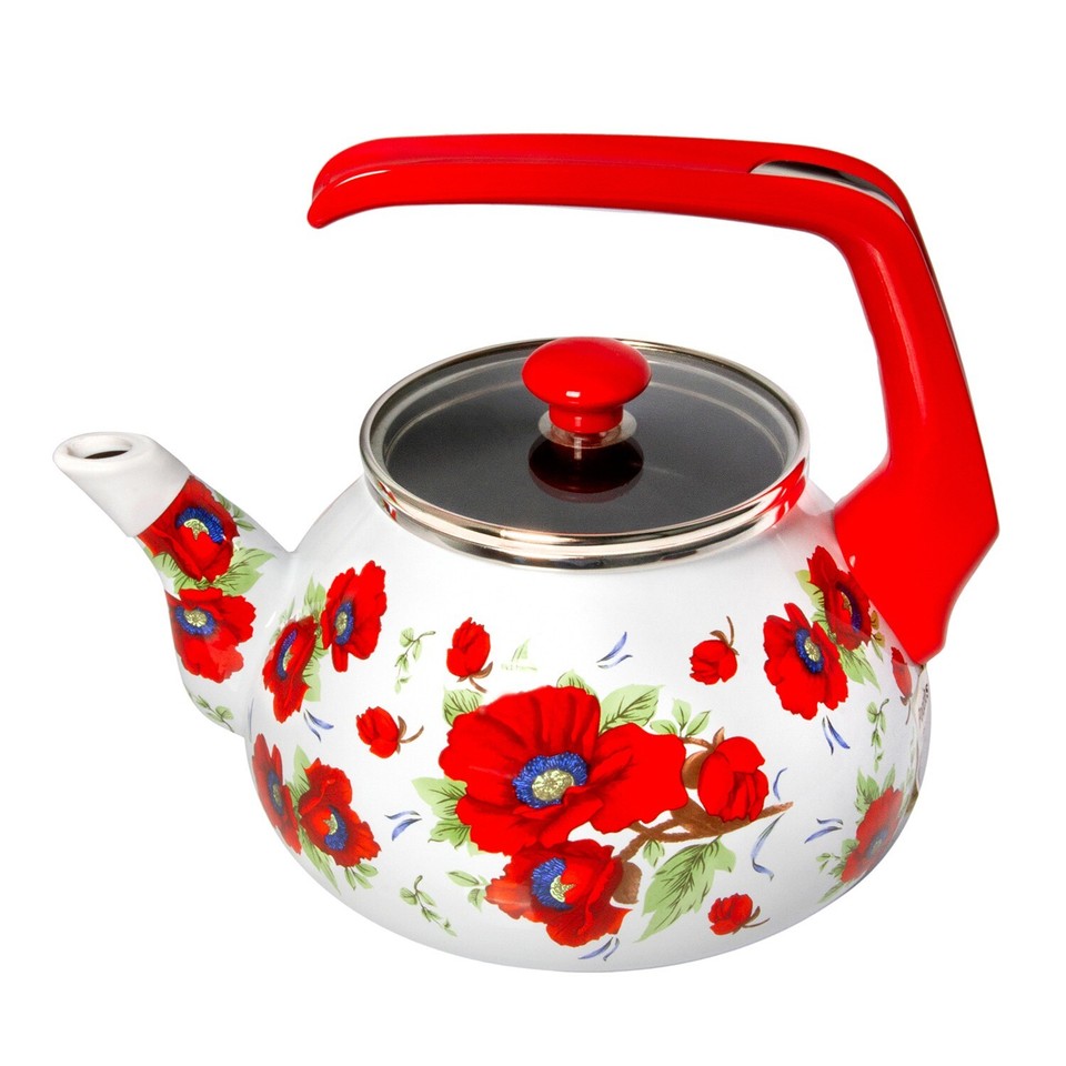 POPPY FLOWERS ENAMELED KETTLE - Red Enamel Tea Pot All Stove Enamelware ...