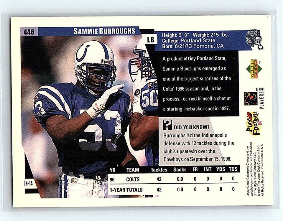 1997 Collector's Choice Sammie Burroughs Indianapolis Colts #448 | eBay