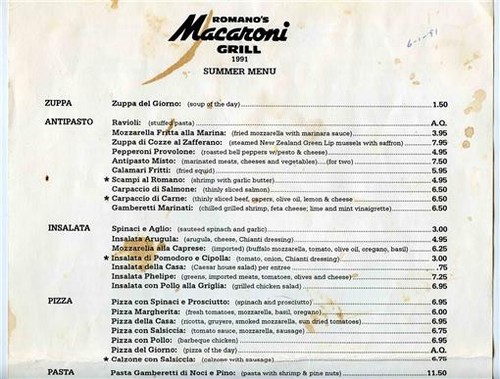 Romano's Macaroni Grill Dinner Menu 1995 Restaurant History | eBay
