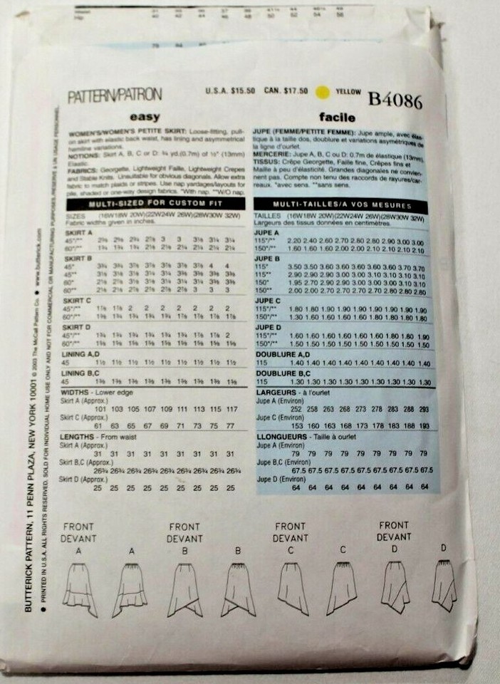 Butterick 4086 Women Skirt Sewing Pattern Pull-On w/ Hem Variations 16W ...