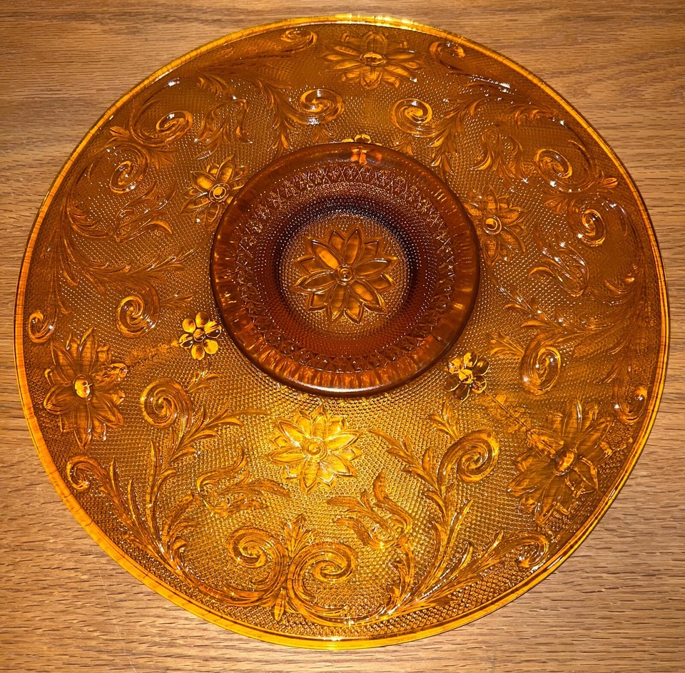 Vtg Indiana Sandwich Glass Tiara Amber 13” Footed Cake Plate | eBay