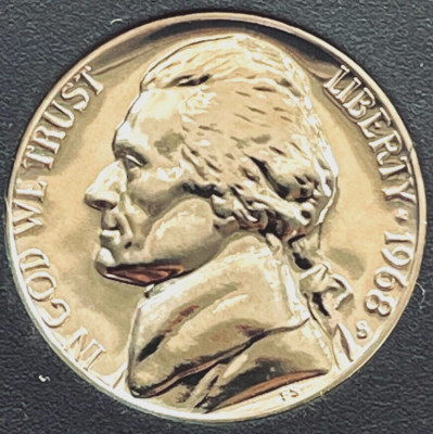 1968 Jefferson Nickel Coin S 5c Five Cents 1968-S UNCIRCULATED PROOF ...