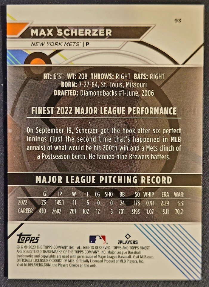 173/199! 2023 Topps Finest MAX SCHERZER "Aqua Refractor" SP Card #93 ...