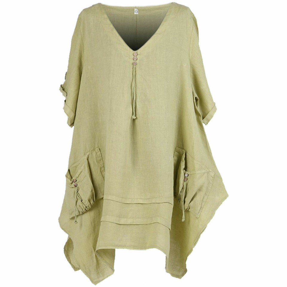 Ladies Italian Quirky V Neck Lagenlook Linen Kaftan Womens Plain Tunic ...