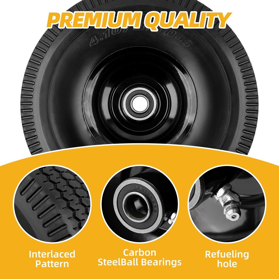 Set of 2) 4.10/3.50-4 (10") Urethane Flat Free Wheel & Tire Assembly ...