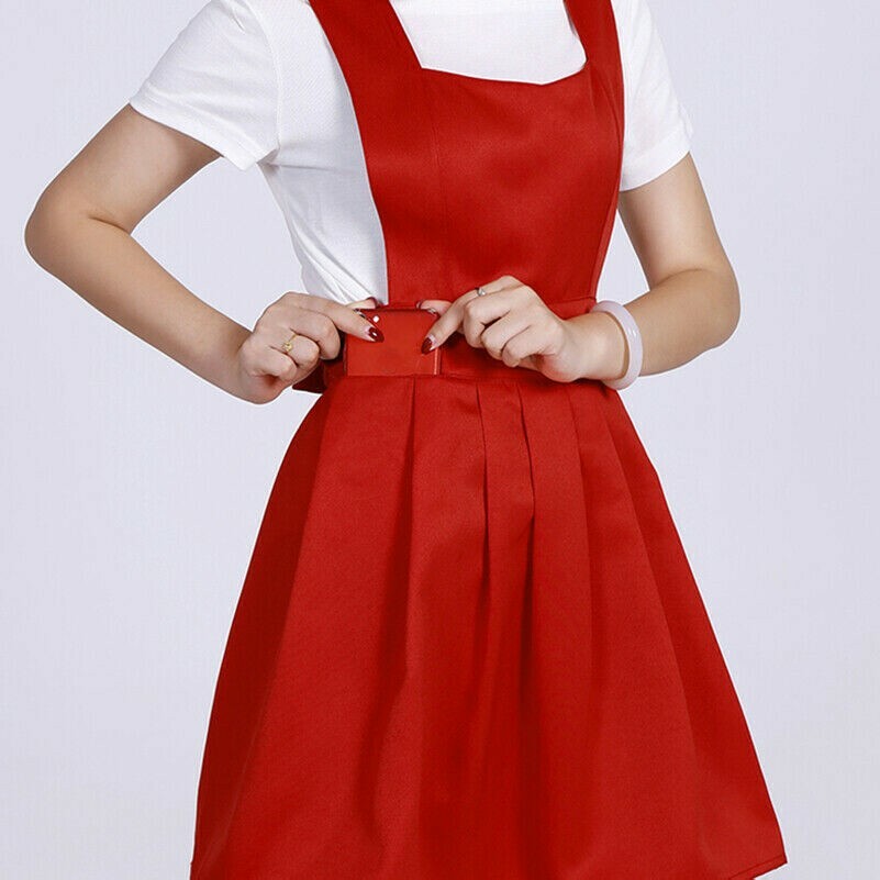 Lady Bib Apron Solid Pocketed Pleated Waitress Uniform Home Workwear ...