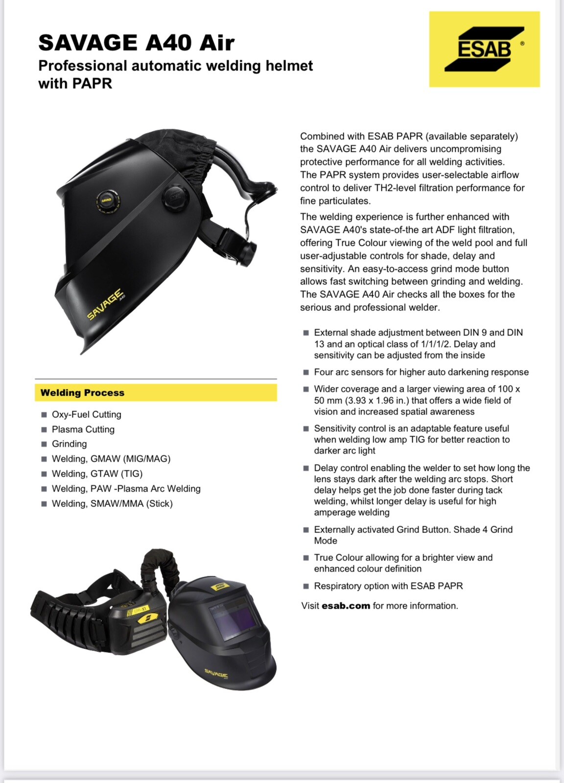 Esab Helmet Savage A40 Air Fed Welding Head Shield +EPR PAPR Air Fed ...