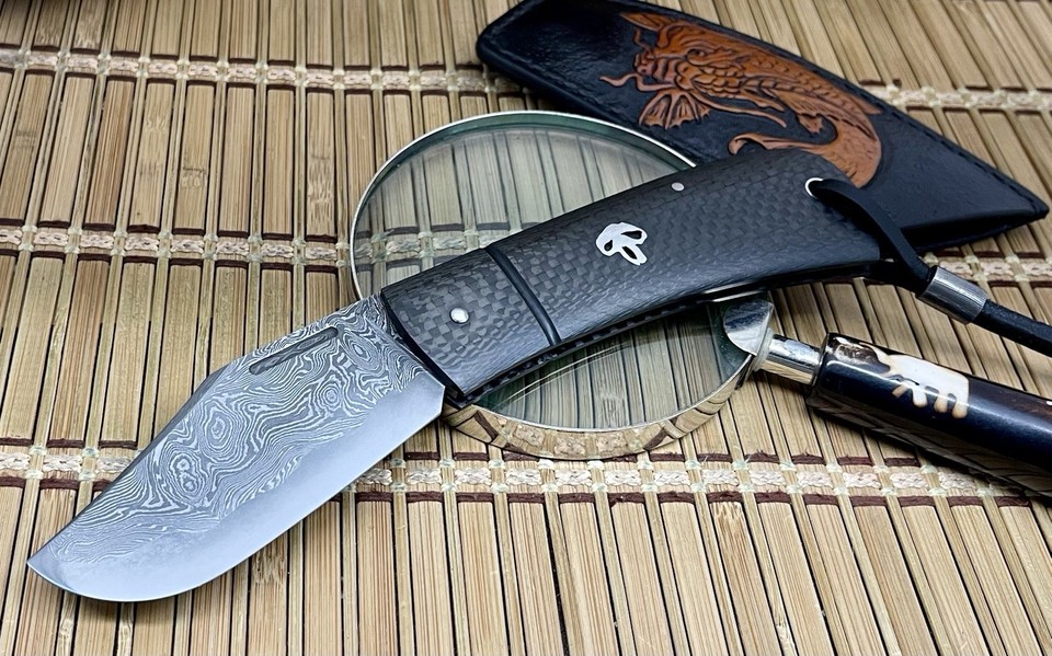 Franck Souville San Mai Damascus Carbon Fiber Bad Guy SlipJoint Knife ...