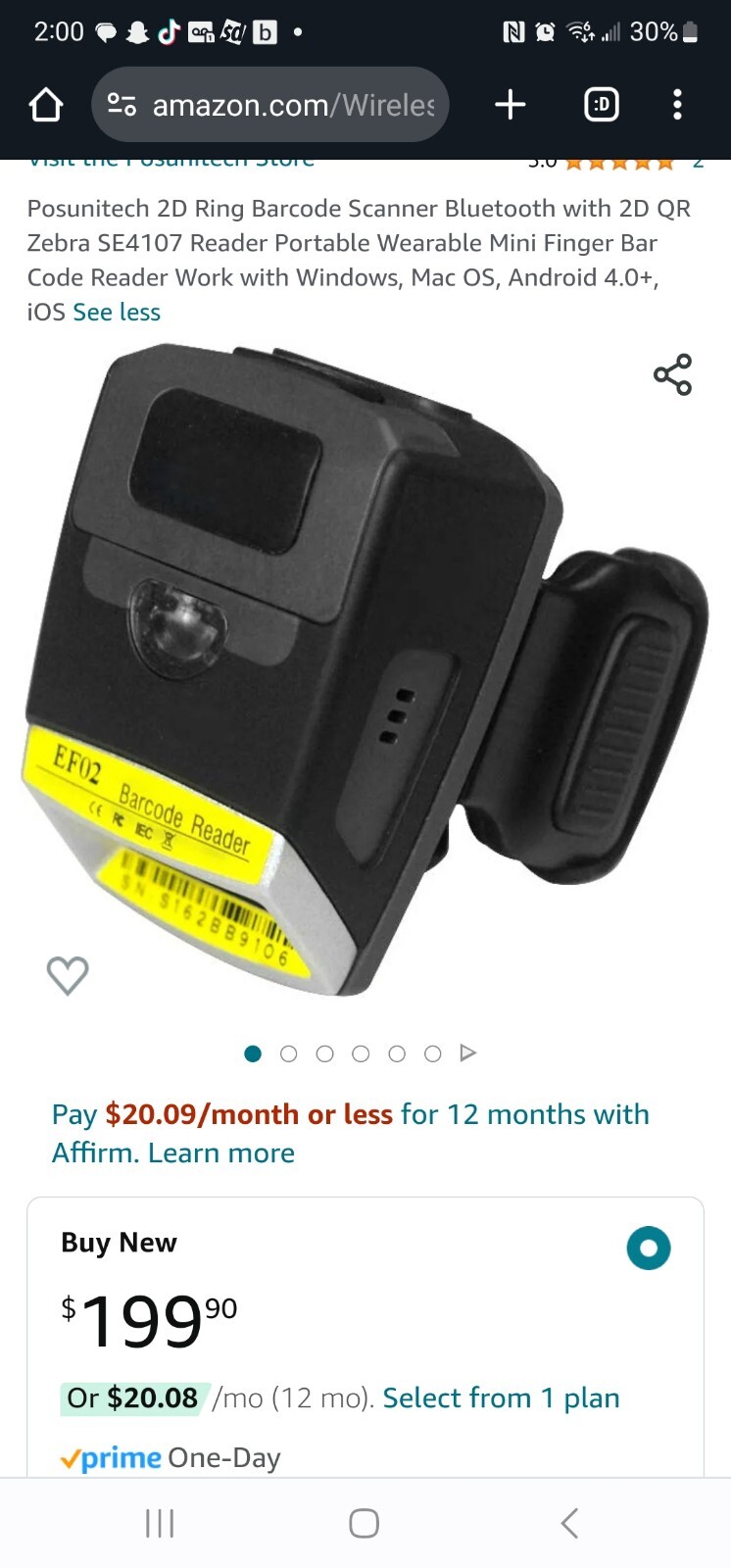 Posunitech 2D Ring Barcode Scanner Bluetooth with 2D QR Zebra SE4107 ...