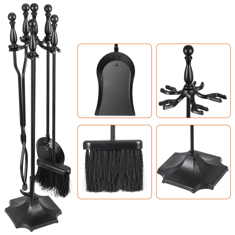 5PCS Fireplace Tools Wrought Iron Large Fire Tool Set and Holder w ...