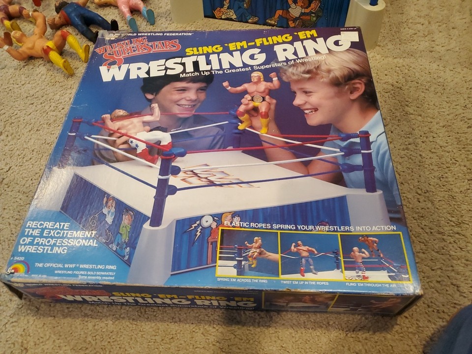 WWF LJN Wrestling Superstars Sling Em Fling Em Ring w8 Figures Original ...