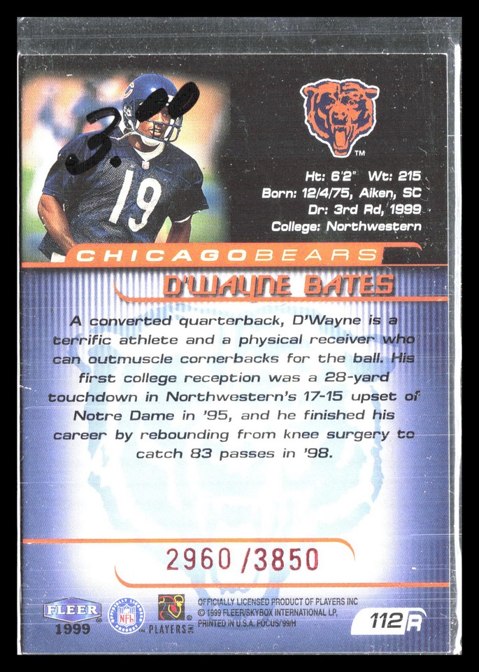 D'Wayne Bates 1999 Fleer Focus #112R RC, SN3850 Rookie (Chicago Bears ...