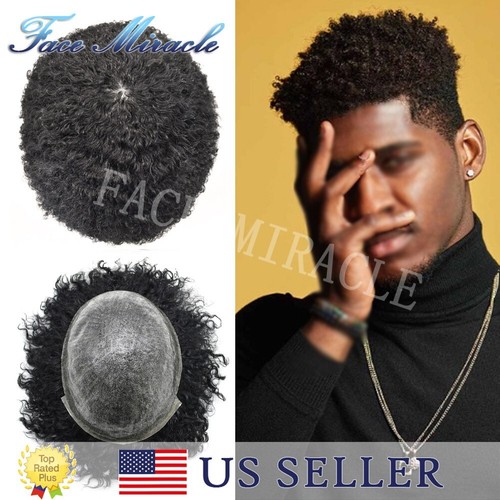 FULL PU Afro Curl Toupee for Black Men African American Mens Toupee ...