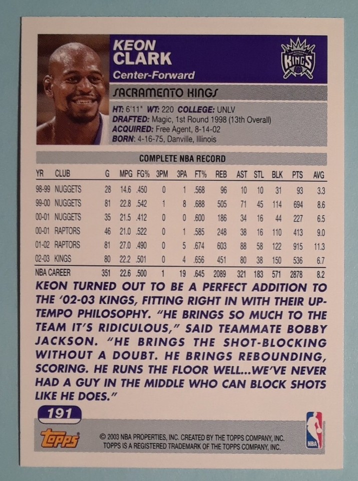 2003-04 Topps Keon Clark #191 Sacramento Kings NBA Basketball Card | eBay