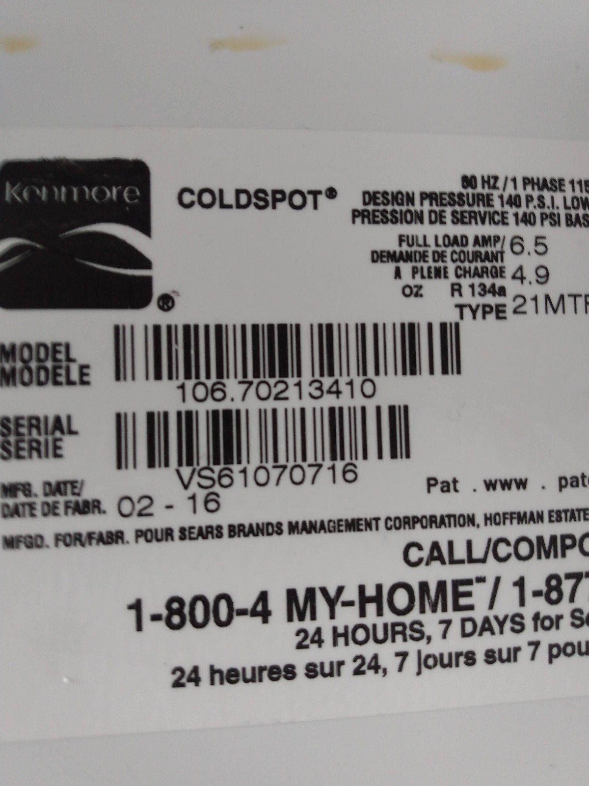 Kenmore Coldspot Refrigerator Freezer Cover W10316941 model 106. ...