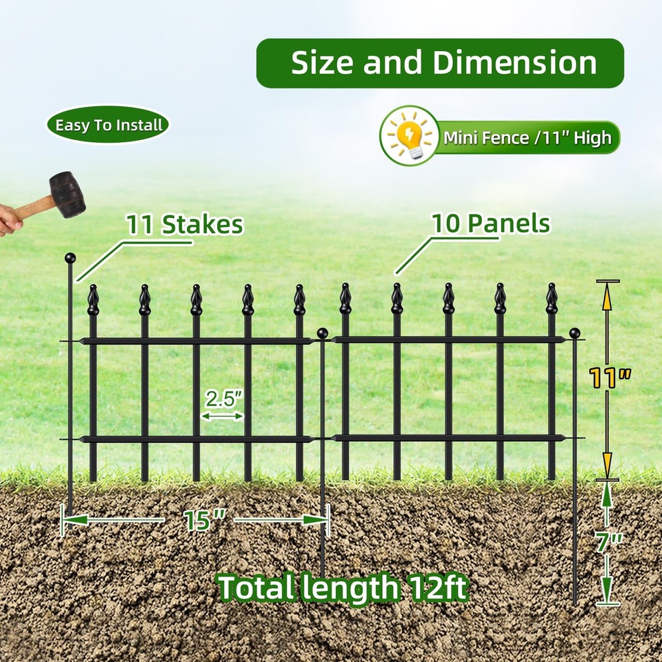 Decorative Metal Garden Fence 11in H x 12ft L, Small Border Fence Roman ...