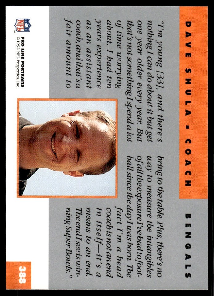 1992 Pro Line Football Card Dave Shula Rookie Cincinnati Bengals #388 ...