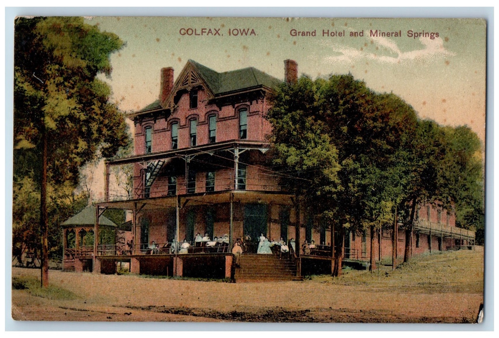 Colfax Iowa IA Postcard Grand Hotel And Mineral Springs Trees Scene ...