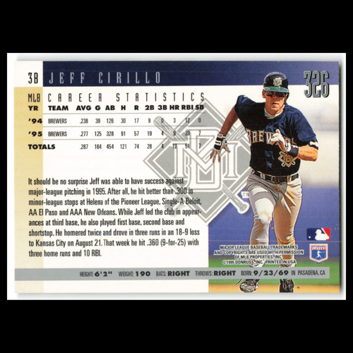 Jeff Cirillo #326 1996 Donruss Milwaukee Brewers Baseball Card MLB NM ...