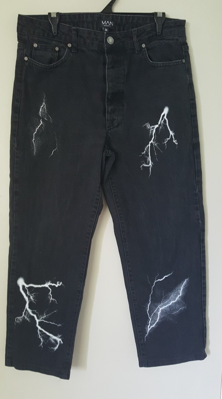 Boohoo Men's Jeans Size 34 Black Denim Lightning Bolt Double Sided ...