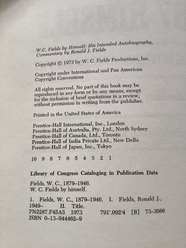 RONALD FIELDS AUTOGRAPHED "WC FIELDS BY HIMSELF" 1973 HIS INTENDED ...
