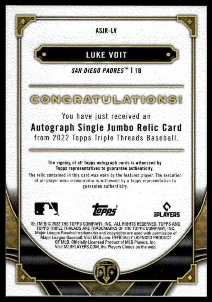 2022 Topps Triple Threads #ASJR-LV Luke Voit Autograph Single Jumbo ...