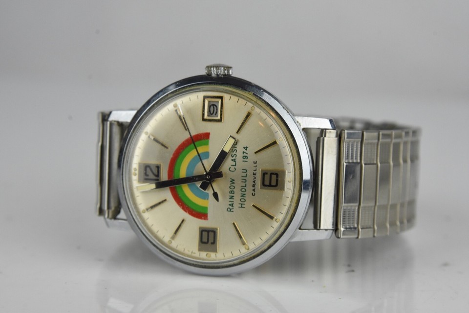Nice Caravelle Bulova Watch Men 35mm Rainbow Classic Hawaii 1974 Manual ...