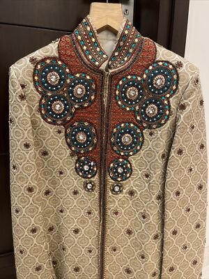 Golden Sherwani For Men Handwork Indian Pakistani Sherwani Groom Outfit ...
