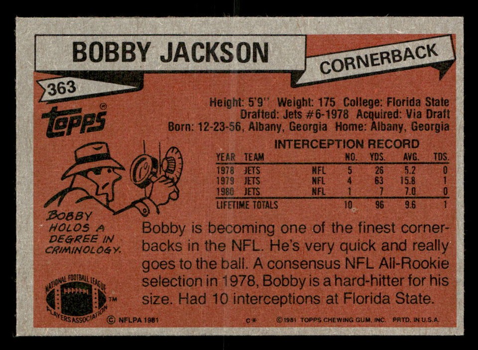 Bobby Jackson 1981 Topps Card #363 New York Jets | eBay