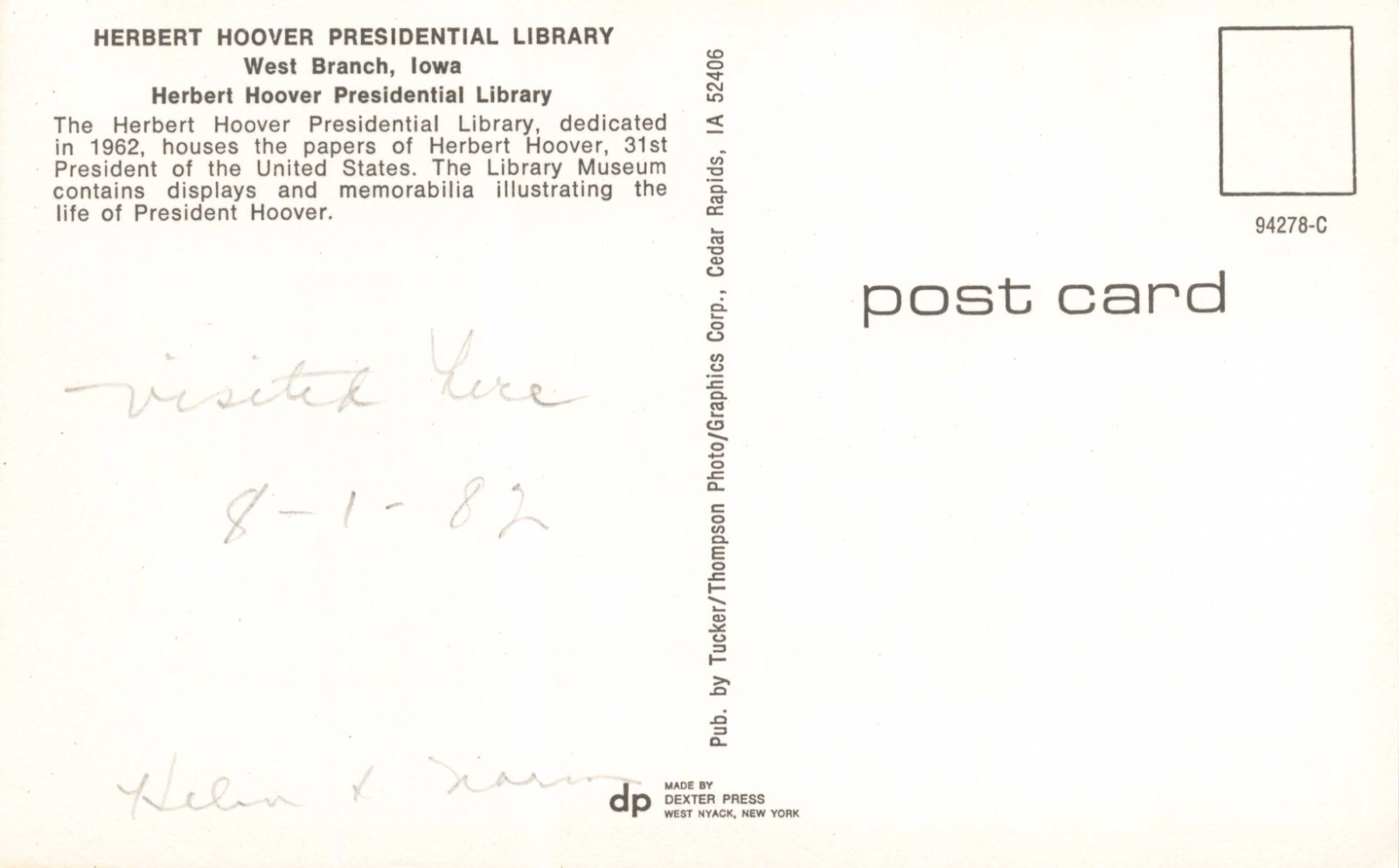Postcard IA West Branch Herbert Hoover Library Birthplace Republican ...