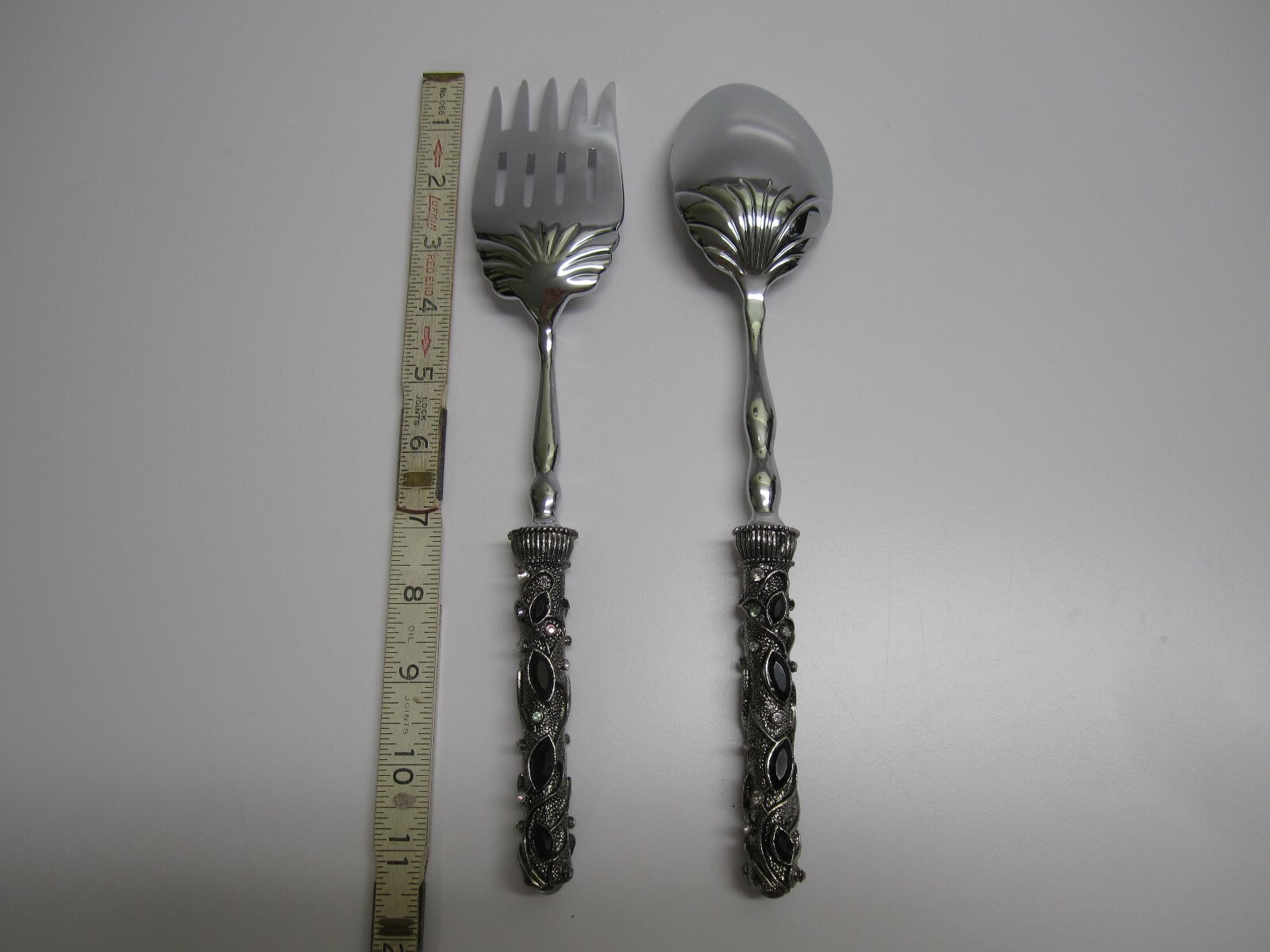 2 Saints Silver Serving Salad Fork & Spoon Set Ornate Black & Crystal ...
