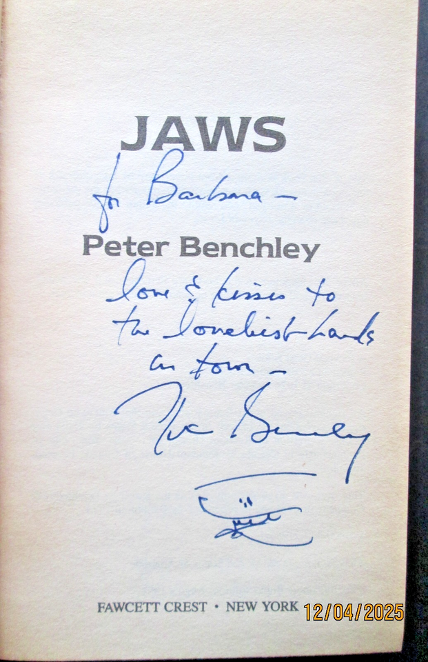 PETER BENCHLEY : (JAWS) ORIGINAL HAND SIGN AUTOGRAPH PAPERBACK BOOK ...