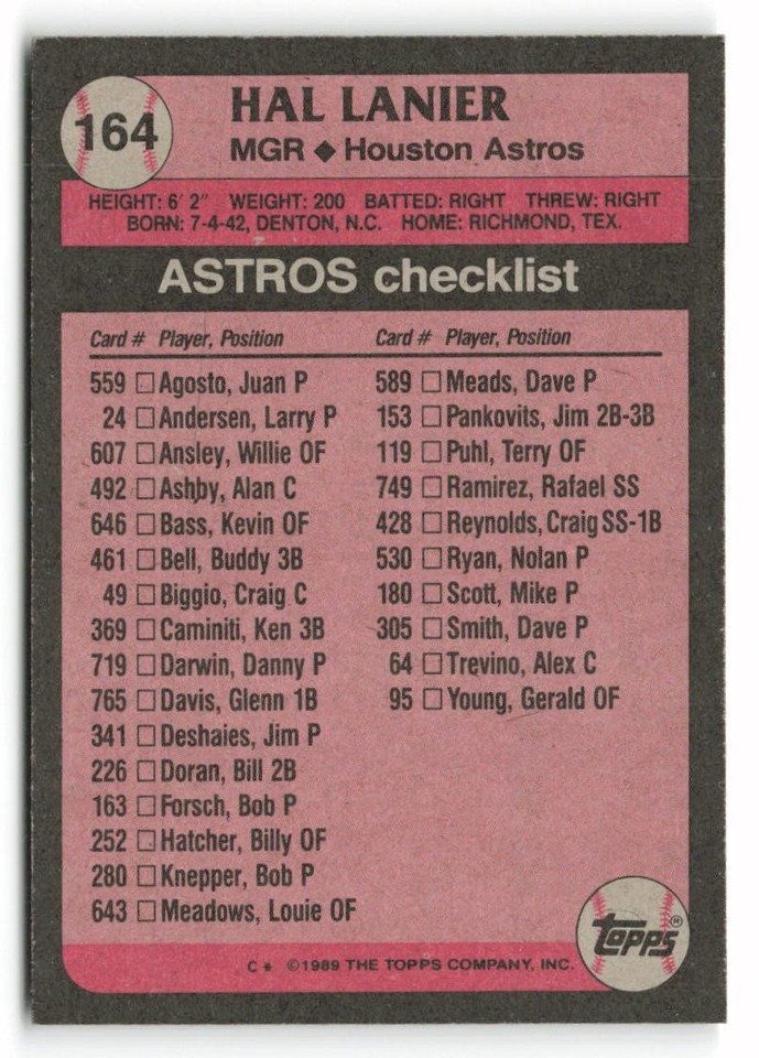 1989 Topps #164 Hal Lanier Houston Astros | eBay